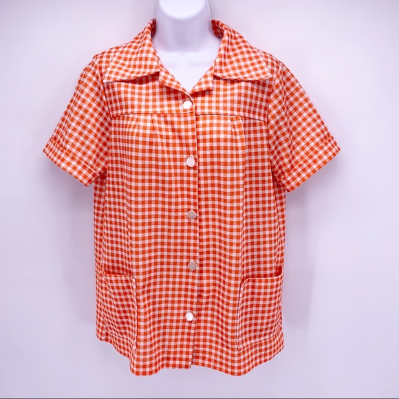 Vintage | Tops | Vintage Orange White Checkered Button Down Shirt ...